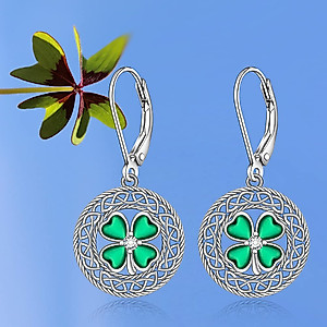 Shamrock Earrings St Patricks Day Earrings for Women Celtic Knot Irish Leverback Drop Sterling Silver Four Leaf Clover Earrings Green Jewelry