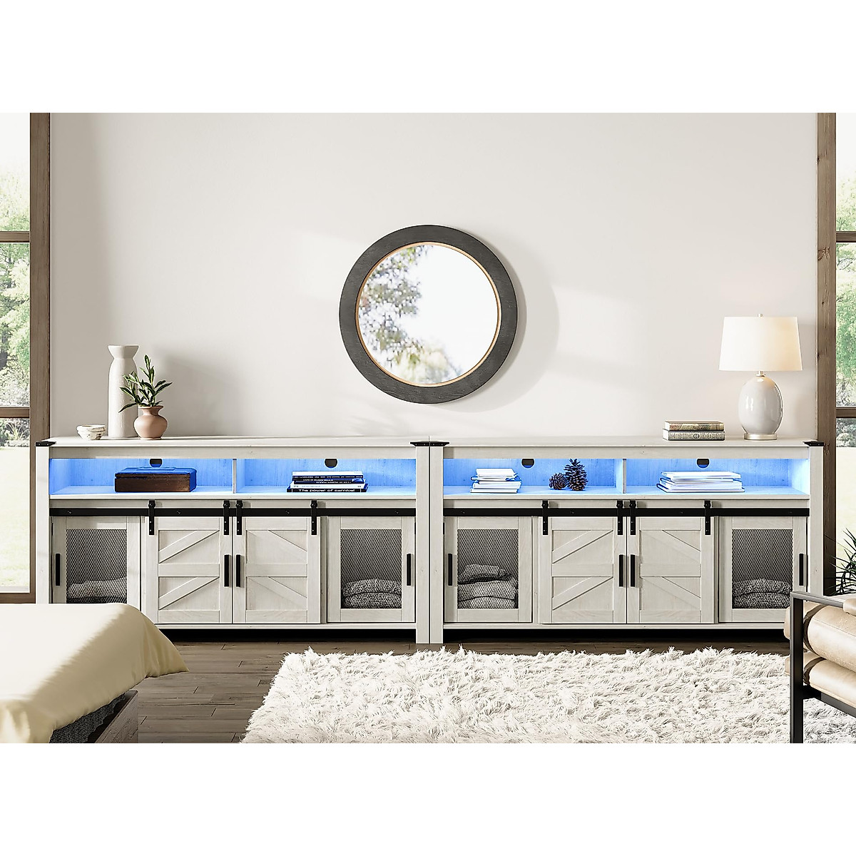 WAMPAT TV Stand for 100+ Inch TVs, Set of 2 Tall Highboy Farmhouse Entertainment Center w/Mesh & Sliding Barn Doors, Extra Wide Wood Media Console w/Adjustable Shelf & Blue LED Lights, Antique White