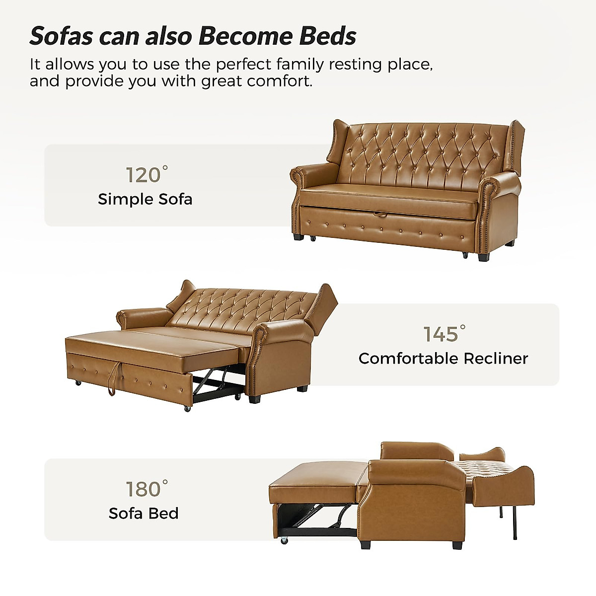 HULALA HOME 74" Leather Couch with Pull Out Bed, Convertible Sofa Bed Couch with Nailhead Arms and Tufted Back, Sleeper Loveseat Sofa for Bedroom Small Spaces, Living Room, Office, Camel