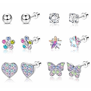 Jstyle 6 Pairs Hypoallergenic Screw Back Earrings for Women 316L Stainless Steel Stud Screwback Earrings Cute Tiny Pearl Heart Flower CZ Stud Earrings Set Multicolored Tone