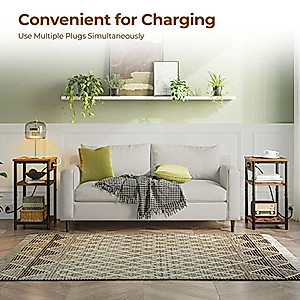 Rolanstar End Table with Charging Station, 3 Tier Slim Nightstand with Storage Shelf, Narrow Side Table with USB Ports & Power Outlets, Steel Frame for Living Room, Bedroom, Rustic Brown