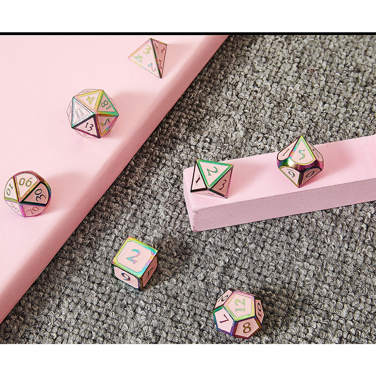 DND Metal Game Dice Set Cream Pink with Rainbow Edge 7pcs Set for Dungeons and Dragons RPG MTG Table Games D4 D6 D8 D10 D12 D20