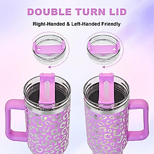 FECBK 40 oz Tumbler with Handle and Straw, 100% Leak-Proof Travel Mug, Stainless Steel Double Wall Vacuum Insulated Coffee Cup Keeps Cold For 34 Hours, Dishwasher Safe, Lavender Rose Leopard
