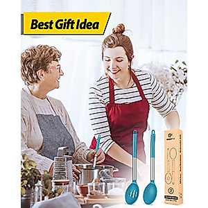 Pack of 2 Large Silicone Cooking Spoons,Non Stick Solid Basting Spoon,Heat-Resistant Kitchen Utensils for Mixing,Serving,Draining,Stirring (BLUE)