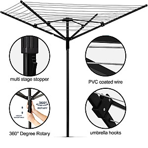 MEILANHUI Umbrella Clothesline Outdoor, Rotary Retractable Clothes Line Outdoors Adjustable Height Drying Rack Clothing 4 Arms 12 Lines with 165 Feet Heavy Duty Outdoor Clothesline for Backyard