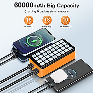 Solar Charger Power Bank, 60000mAh Portable Charger Compatible with iPhone, Cell Phone, 32 LEDs External Battery Pack for Outdoor Camping, Home Emergency, 4 Output& 2 Input Ports (Orange)