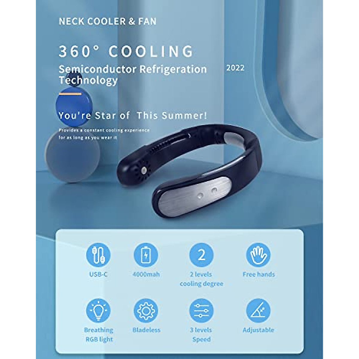 ZAPAL Portable Neck Air Conditioner Fan, Personal Rechargeable Cooling Neck Fans for Travel Camping Outdoor, Battery Operated Wrap-around Electric Fans for Men Women Kids, 3 Mode 3 Speed USB Fan Black