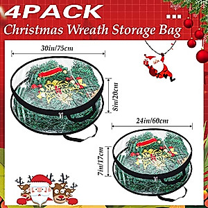 Zhengmy 30'' 24'' Christmas Wreath Storage Container - 4 Pack Clear Xmas Bags with Handle and Dual Zipper Plastic Decorative Protector for Seasonal Holiday Garland (Black)