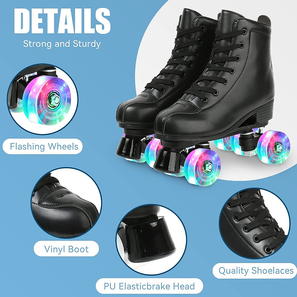 Gets Womens Roller Skates Light Up Wheels, Artificial Leather Adjustable Double Row 4 Wheels Roller Skates Shiny Skates for Teens,Adult (Flash Wheel,42-US: 9.5)