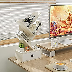 Tangkula 5 Tier Tree Bookshelf with Drawer, Rustic 5 Shelf Space Saving Corner Bookcase, Retro Wooden Utility Organizer Shelves for Books/CDs/Movies, Open Display Shelf for Home Office (Beige, 5 Tier)