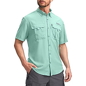 Pudolla Men's Fishing Shirts Short Sleeve Travel Work Shirts Summer Button Down Shirts for Men UPF50+ with Zipper Pockets(Arona, Large)