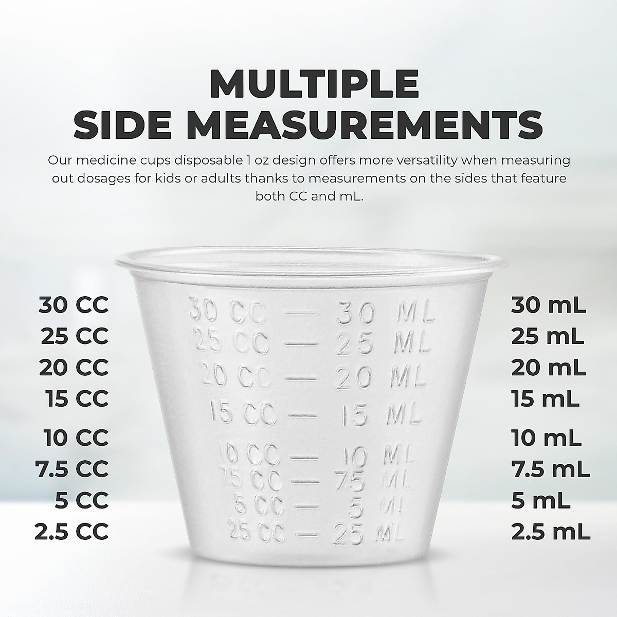 Graduated 1 oz. Plastic Medicine Cups, 100-Count, Detailed Liquid Measurements for Medications, Clear Containers, Disposable or Reusable, Supports Adults and Children