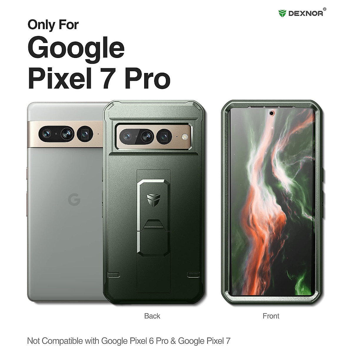 Dexnor Full Body Case for Google Pixel 7 Pro, [Built in Screen Protector and Kickstand] Heavy Duty Military Grade Protection Shockproof Protective Cover for Google Pixel 7 Pro (Military Green)