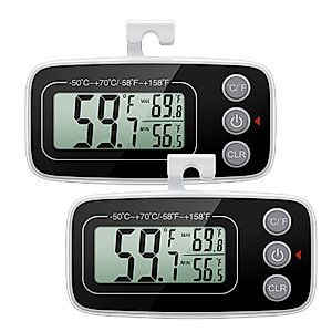 ORIA Refrigerator Thermometer, Digital Freezer Fridge with Thermometer Max and Min Display for Room, Refrigerator, Kitchen, Large LCD Display, 2 Pack, Black