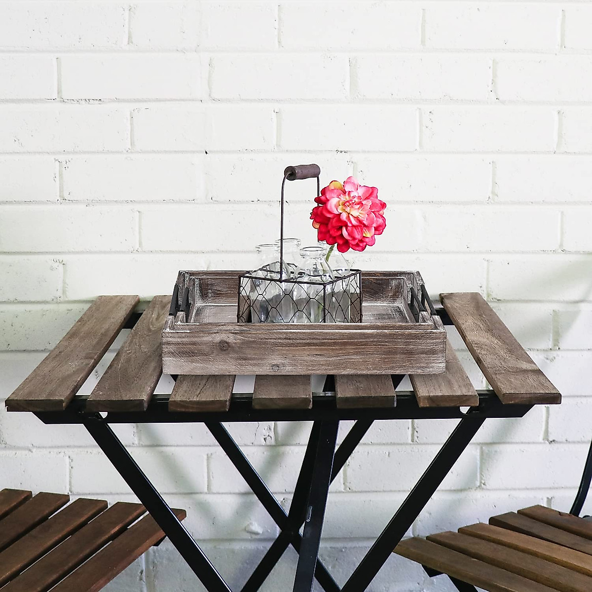 Adeco Rustic Wood Serving Trays Set | Nesting Wooden Tray with Black Sleek Metal Handles | Vintage Wood Platters for Kitchen, Dining Room, Living Room| Large:18.9X2.6X14.2” - Small:15.7X2.6X11.8”