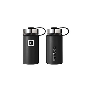 IRON °FLASK Camping & Hiking Hydration Flask with 3 Lids - Stainless Steel, Double Walled & Vacuum Insulated Water Bottle - Leak Proof & BPA Free (Midnight Black, Spout - 14 oz)