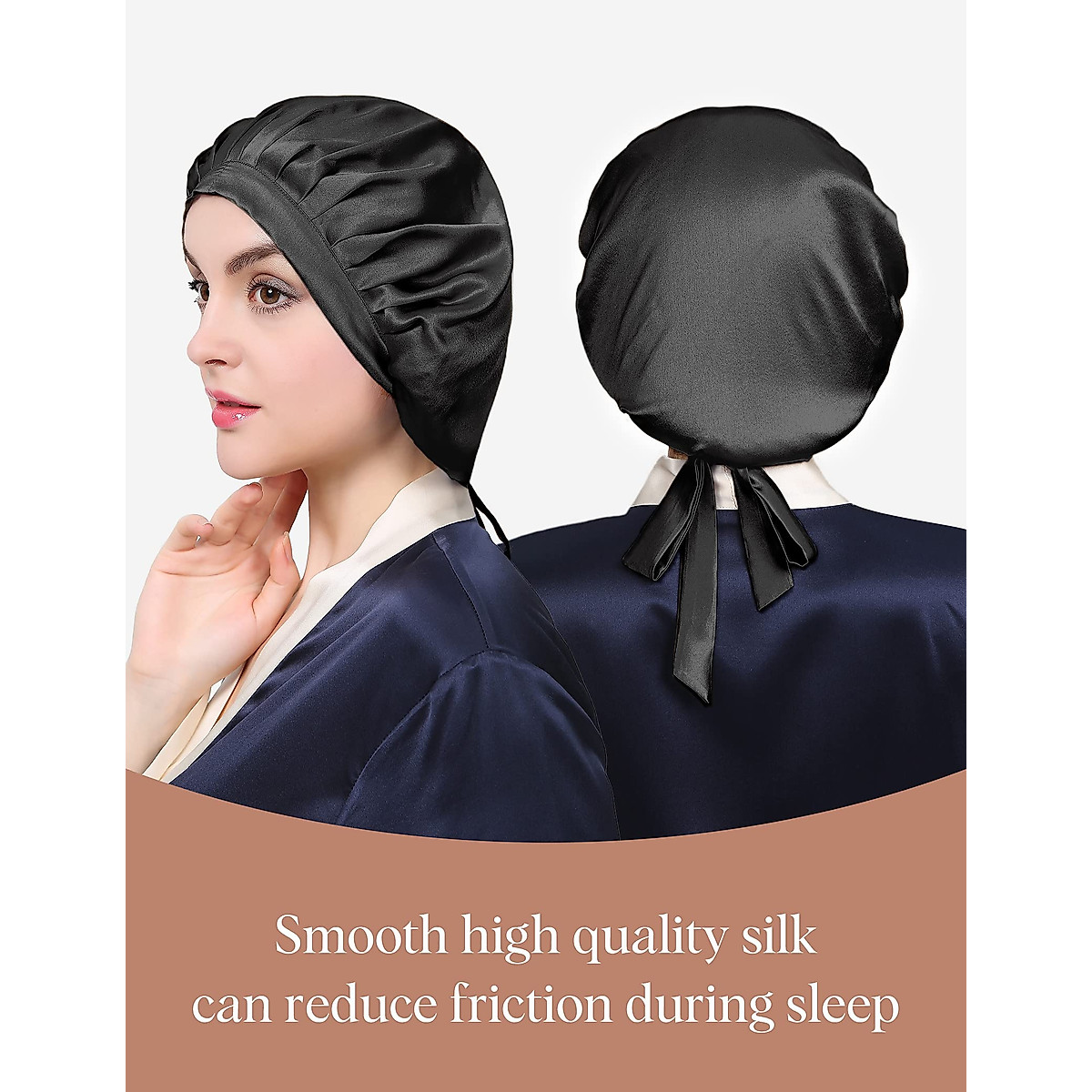 LILYSILK 100% Mulberry Silk Bonnet, 19 Momme Silk Night Sleep Cap Adjustable Hair Wrap for Sleeping, Black