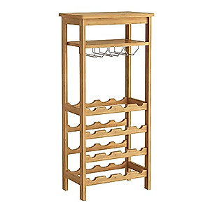 FOTOSOK Bamboo Floor Wine Rack, Freestanding Wine Bottle Organizer Shelves with Glass Holder Rack,16 Bottles, Wobble-Free Wine Display Storage Stand with Table Top for Kitchen Bar Dining Room, Natural