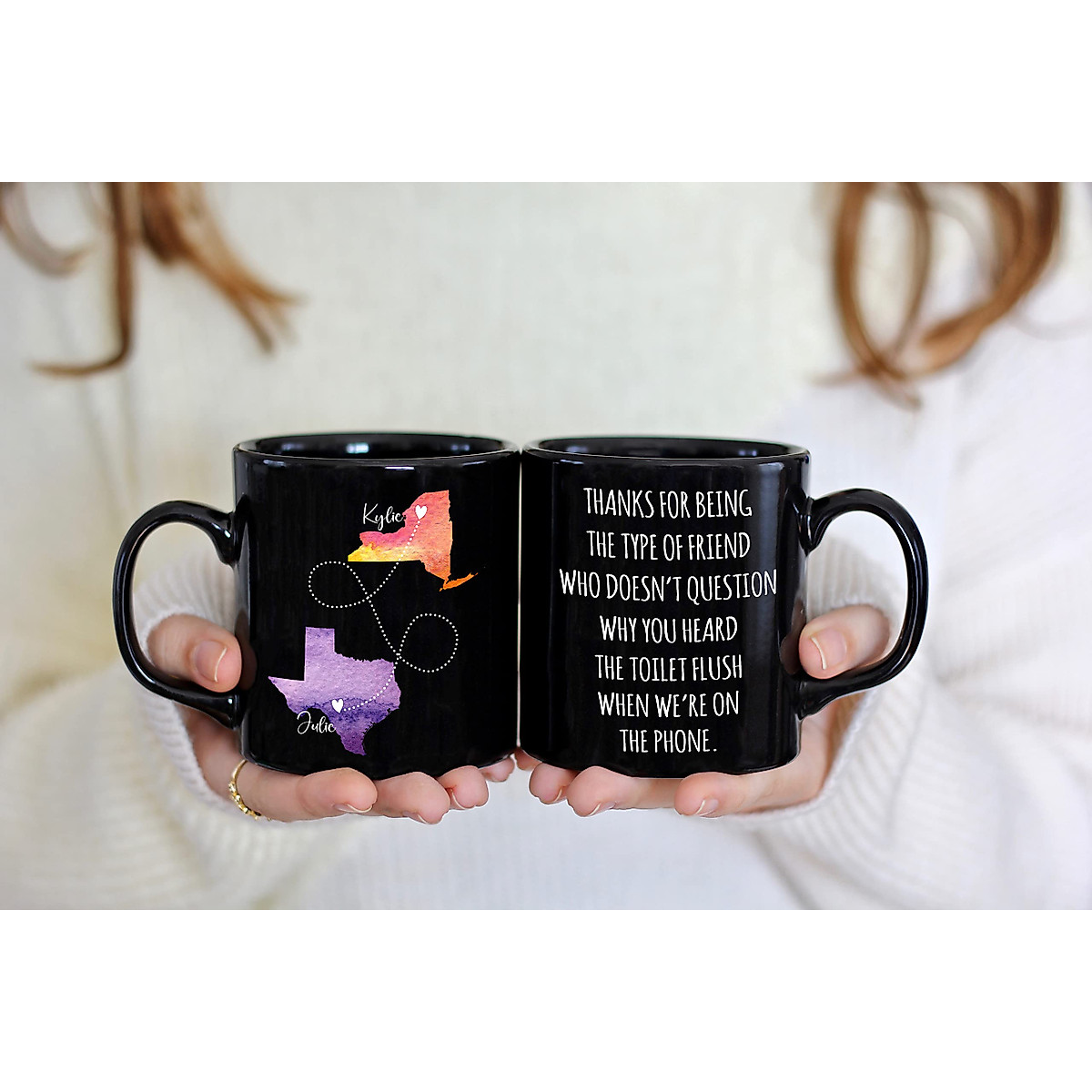 Personalized Long Distance Friendship Gifts Coffee Mug, Customized Best Friend Mugs, Friends Gag Gifts, Sense of Humor, State to State, Long Distance Relationship Gifts Black Coffee Mug