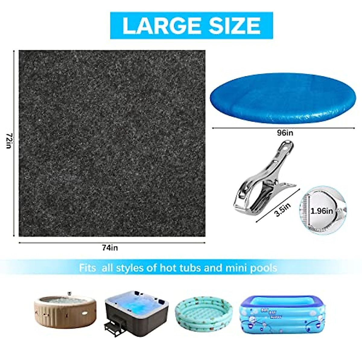 74" X 72" Hot Tub Mat with 96" Dia Hot Tub Cover-10pcs Stainless Steel Clips Outdoor Indoor Spa Hot Tub Protective Floor Mat, Water-Absorbent Anti-Slip Mat for Inflatable Hot Tub Outdoor Spa
