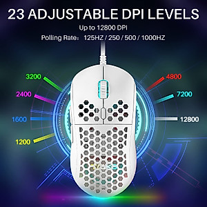 DIERYA M1SE Wired Gaming Mouse with Honeycomb Shell, 12800DPI Optical Sensor, 6 Programmable Macros, Software Support for Custom Key Config, and RGB Settings for Windows 7/8/10/XP, Vista, Linux-White