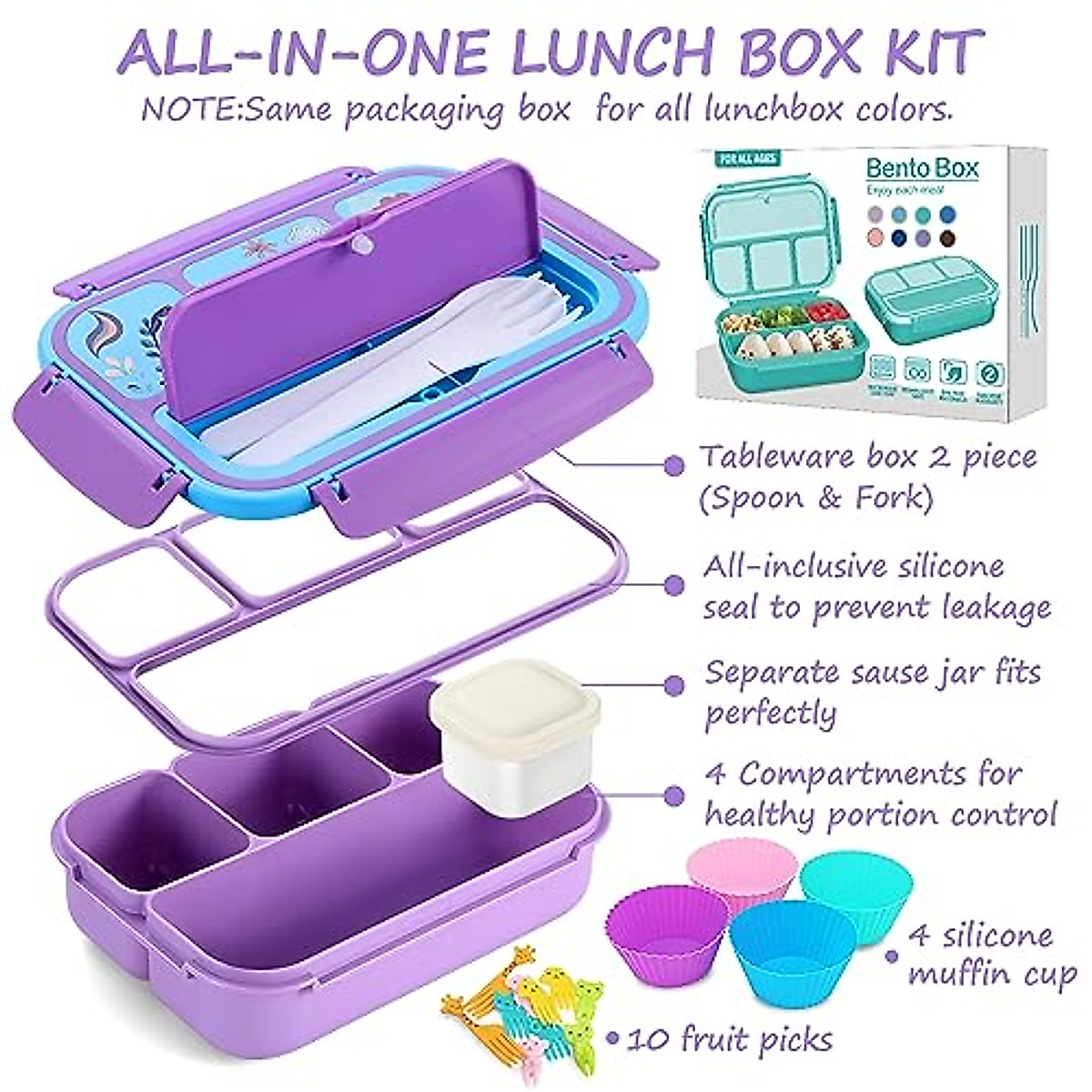 Sunhanny Bento Lunch Box for Kids - 4 Compartments, Sauce Container, Utensils, Food Picks and Muffin Cups, Purple Unicorn