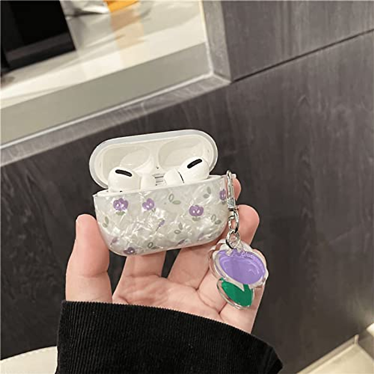 MOLOSLEEVE Airpods Pro Case Cover, Purple Tulip Flower Anti-Slip Scratch Resistant Drop Proof Full Cover Clear Case with Cute Keychain Girls Kids Women Teens for Airpods Pro Charging Case