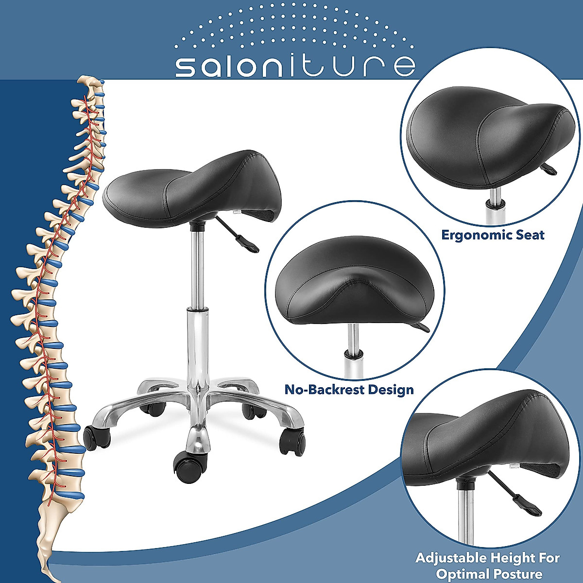 Saloniture Professional Ergonomic Saddle Stool, Black - Adjustable Hydraulic Seat, Rolling Spa Salon, Massage, and Medical Office Chair with Swivel Wheels