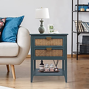 PEIHONGET Nightstands with 2 Drawers, Rattan Night Stand Bedside Table End Table Standing Storage Cabinet Organizer Dresser Drawer and Shelf for Entryway, Living Room, Bedroom, Nursery(Green)