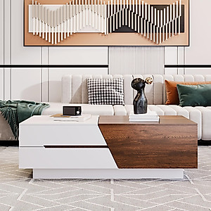 Merax Coffee Table Extendable Sliding Top for Living Room Modern with Drawers Hidden Compartment Accent Furniture Multifunctional Cocktail Reception Office Bedroom, 47.2"-72.8", White/Walnut