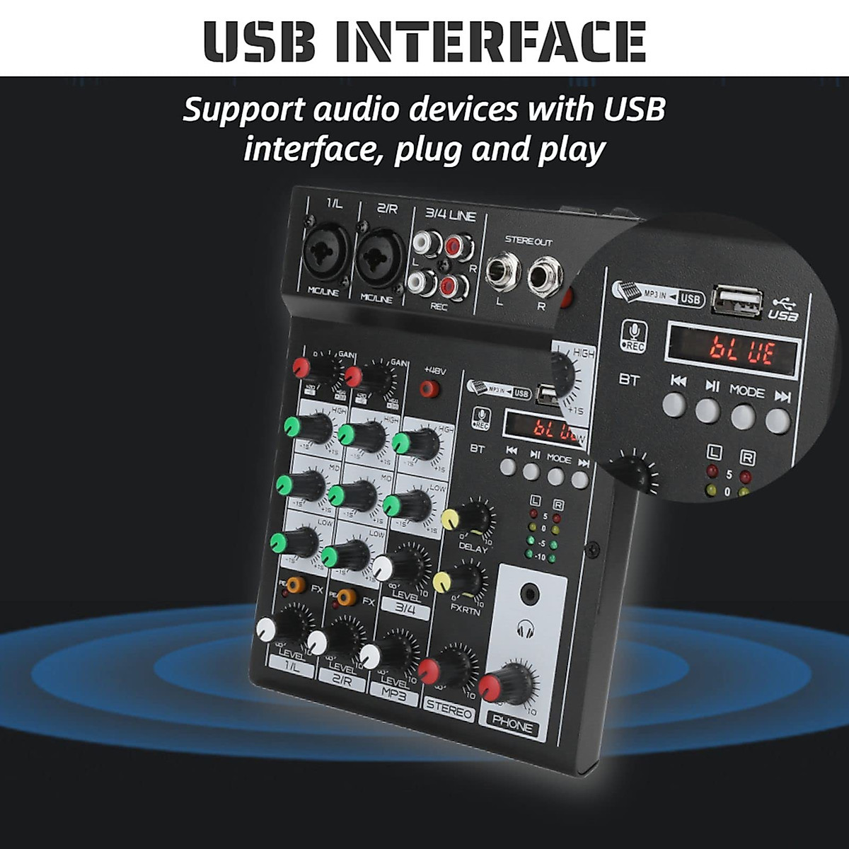 Portable Audio Mixer, Portable 4 Channel BT Mixing Console Digital Audio Mixer Builtin Effect for Home Karaoke, Webcast, Music Recording(US plug)