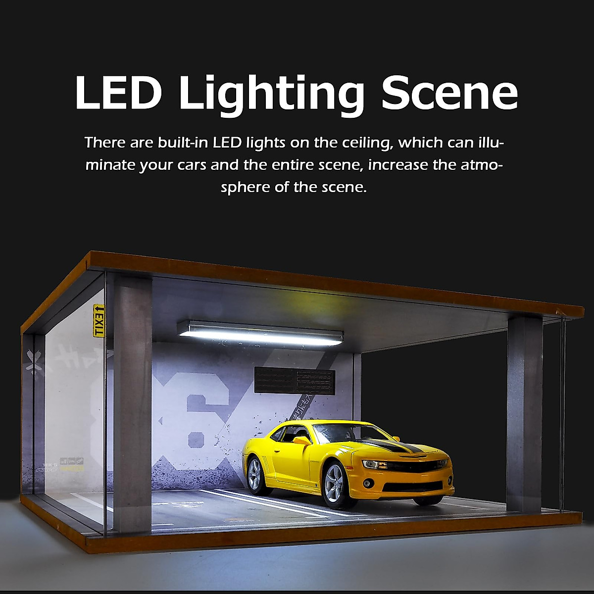 cxiiuui 1/18 Scale Display Case Car Garage Moldel with LED Light and Acrylic Cover Wooden Diecast Car Show Case 2 Parking Spaces Grey