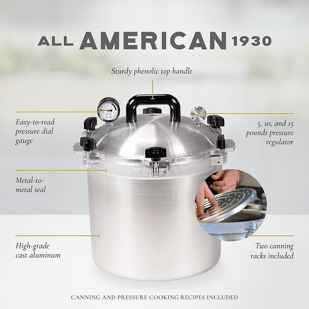 All American 1930: 21.5qt Pressure Cooker/Canner (The 921) - Exclusive Metal-to-Metal Sealing System - Easy to Open & Close - Suitable for Gas, Electric, or Flat Top Stoves - Made in the USA