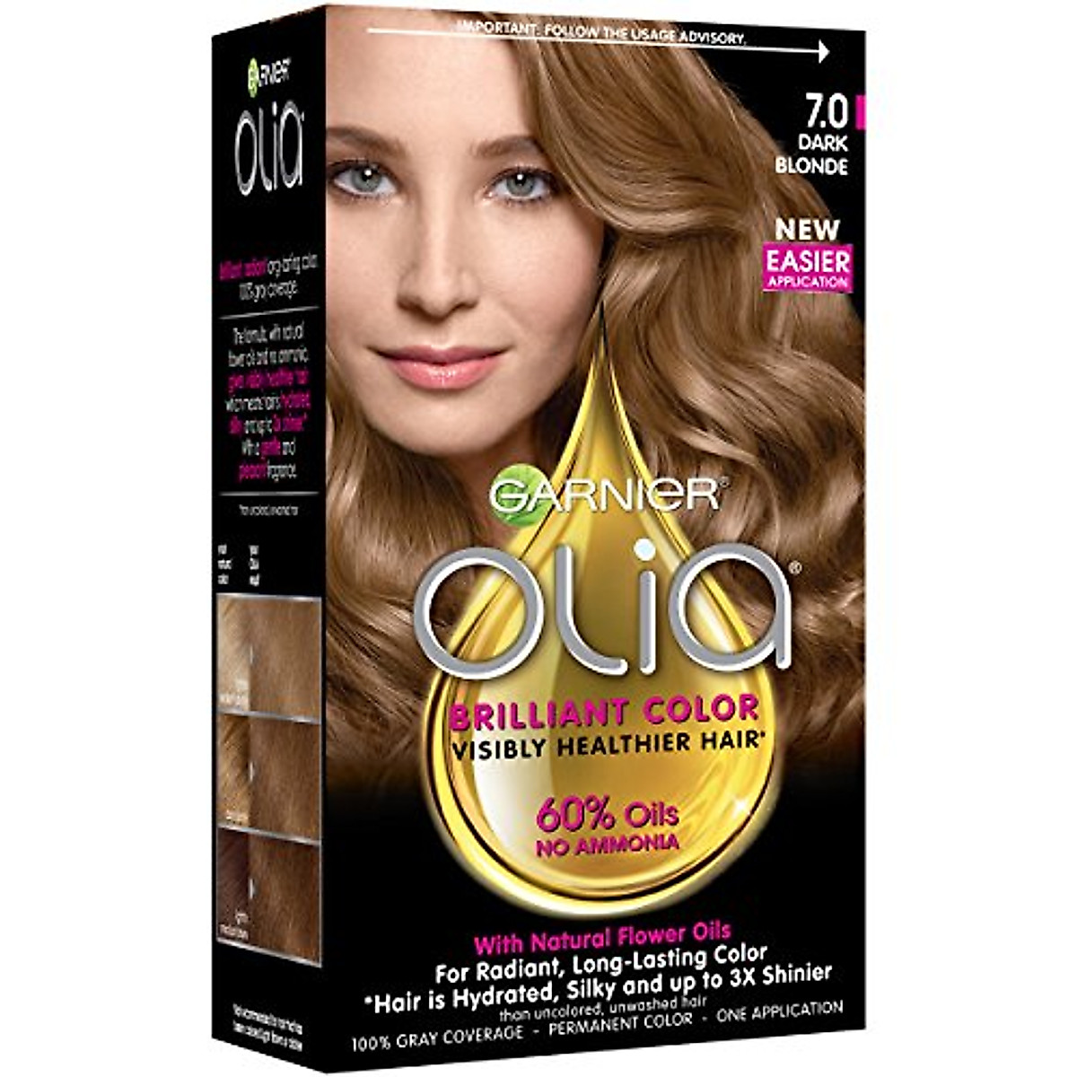 Garnier Olia Ammonia Free Permanent Hair Color, 100% Gray Coverage (Packaging May Vary), 7.0 Dark Blonde, Pack of 1