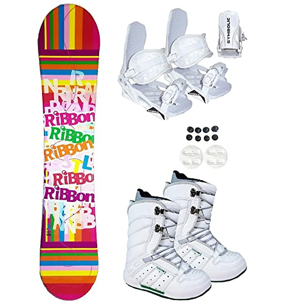 Symbolic 140cm Stella Ribbon AZ29 Snowboard White Bindings+ NW Blem Vintage Boots 5.5 6 (wl2) Package (140cm Ribbon (AZ29), Boot-Ladys 5.5-6 MP 23 (WL2))