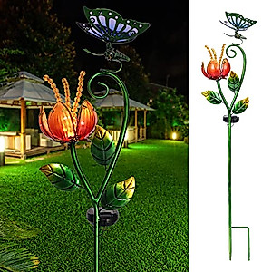 Glass Flower and Butterfly Solar Garden Stake Light Waterproof Solar Decorative Stake Light Outdoor Path Light for Walkway Pathway Lawn Patio