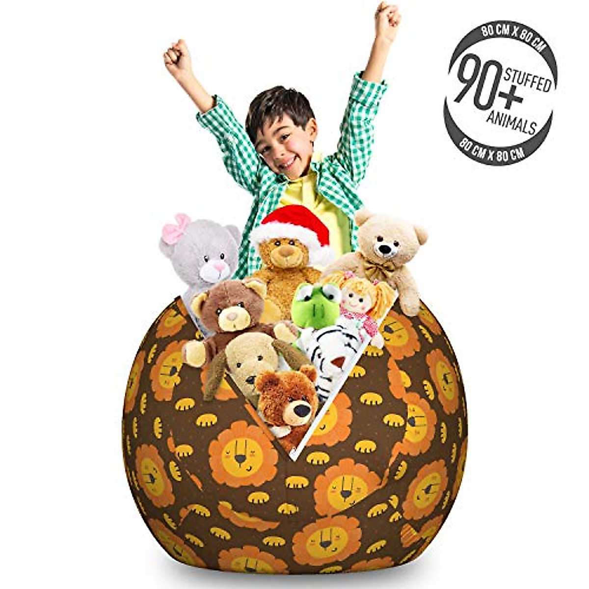 Ambesonne Lion Storage Toy Bag Chair, Little Funny Zoo Animals with Sleepy Faces and Paws Cartoon Design, Stuffed Animal Organizer Washable Bag, Large Size, Brown Yellow and Orange