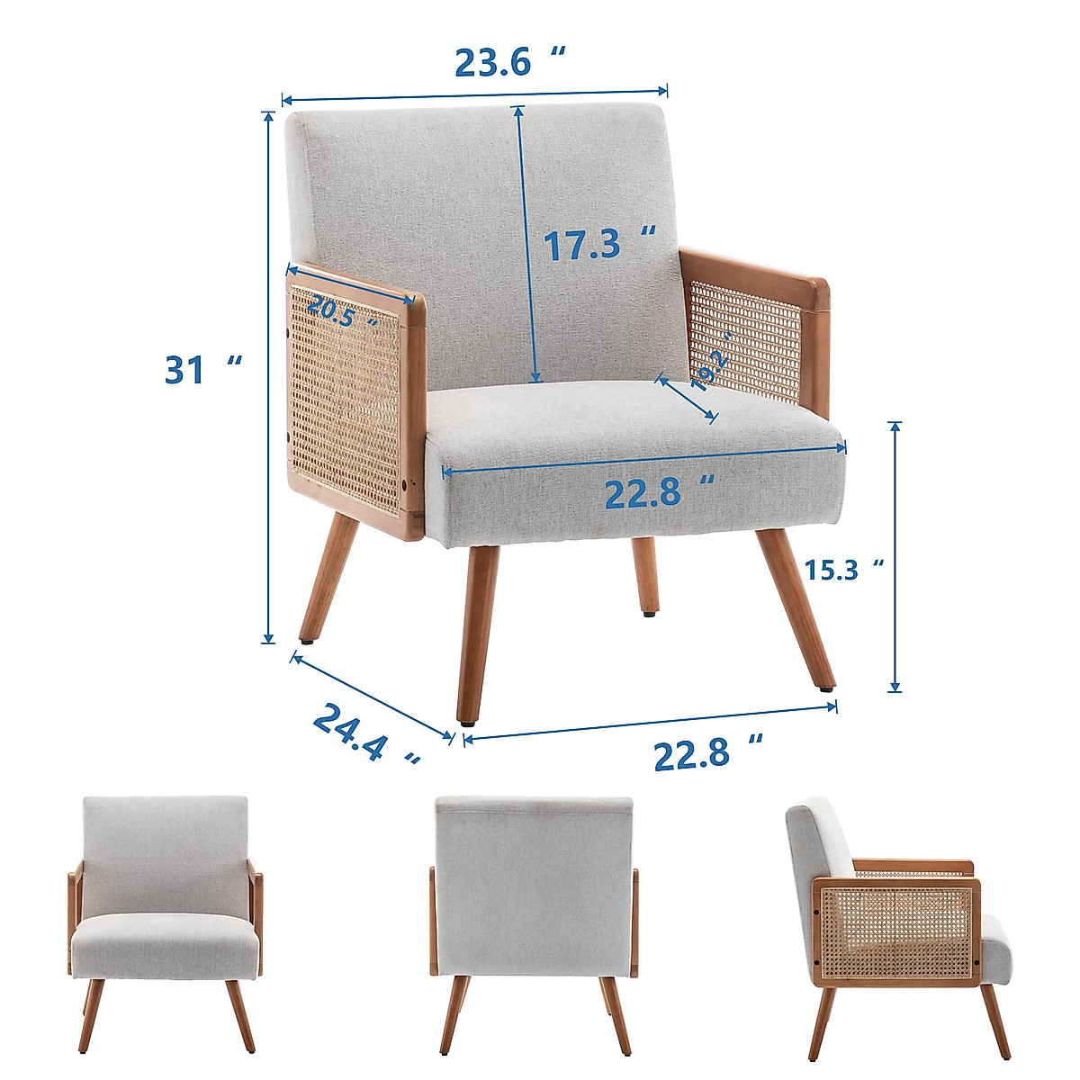 SHINEBOOM Accent Chair with Rattan Arms, Upholstered Mid Century Modern Chair for Bedroom Living Room Reading Chairs Rattan Armchair, Linen Comfy Lounge Chairs Side Chair, Beige