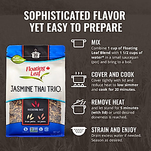 3 Packs x 14 ounces Jasmine Thai Trio, Riceberry Rice (Jasmine Black Rice), Brown Jasmine Rice and Red Jasmine Rice, Non Gluten, Non-Gmo, Kosher and Vegan - Floating Leaf