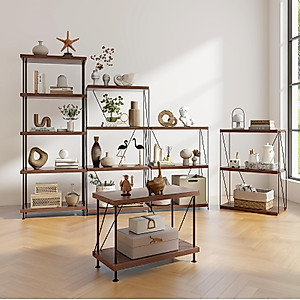 GOFLAME 2-Tier Bookshelf, Freestanding Bookcase Shelf with Metal Frame, Industrial Storage Shelving Unit, Multipurpose Display Rack for Bedroom, Living Room, Study, Office, Walnut