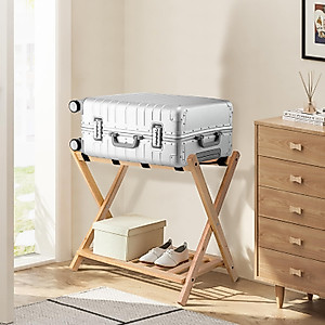 Babion Folding Luggage Racks with Shelf, Wooden Suitcase Stand, 2 Tier Foldable Luggage Racks with Heavy Duty Nylon Belts, Suitcase Bag Holder for Bedroom Guest Room, 4 Pack