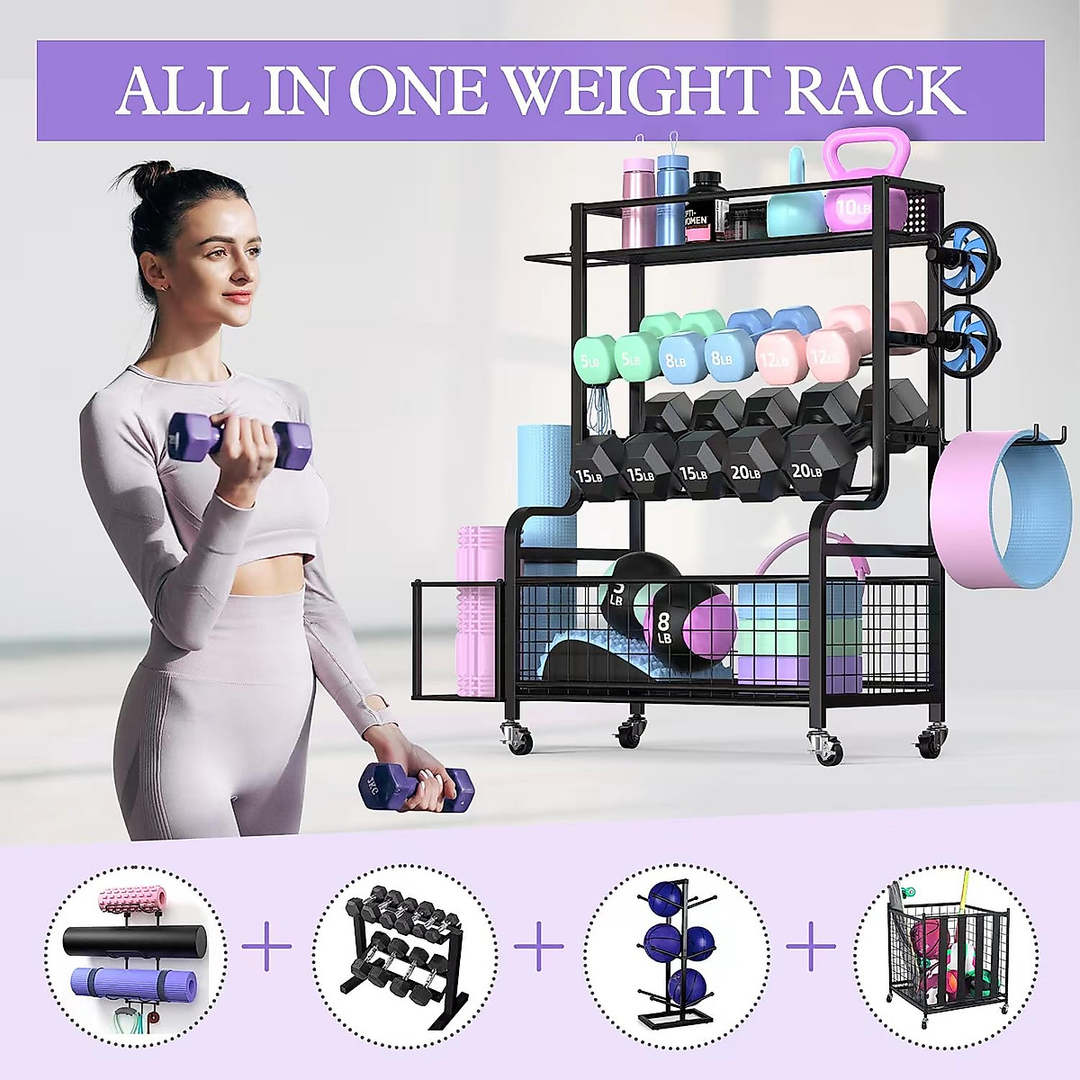 Dumbbell Rack, Weight Rack for Dumbbells, Home Gym Storage Rack for Yoga Mat Kettlebells Balls and Strength Training Equipment, Weight Storage Holder Rack for Dumbbells with Wheels and Hooks