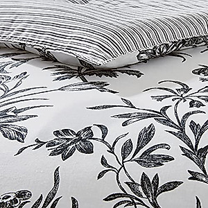 Laura Ashley - Queen Comforter Set, Reversible Cotton Bedding, Includes Matching Shams with Bonus Euro Shams & Throw Pillows (Amberley Black/White, Queen)
