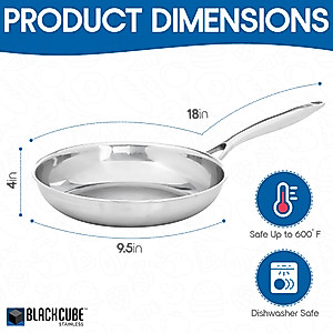Black Cube Stainless Steel 9.5-inch Frying Pan, 3 Ply Professional Grade Steel Skillet, Sliver, Dishwasher Safe