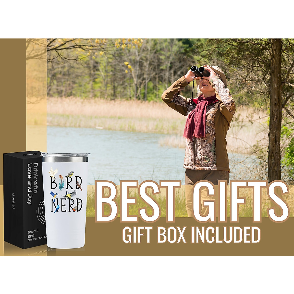 Onebttl Bird Watching Gifts, Bird Watching Tumbler for Bird Lovers & Bird Watchers, 20oz Stainless Steel Insulated Tumbler with Lid & Straw, Gift Card & Box Included, Birthday Gift, White - Bird Nerd