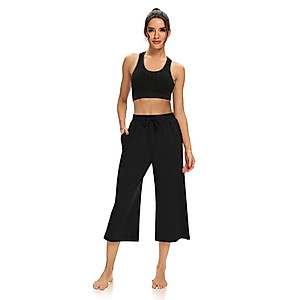 DIBAOLONG Womens Capri Pants Loose Yoga Pants Wide Leg Drawstring Comfy Lounge Pajama Capris Sweatpants with Pockets Black L