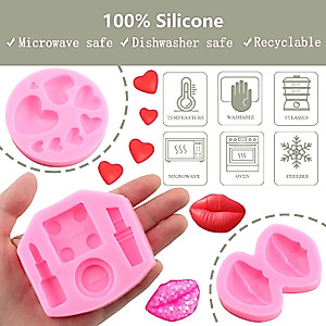 ZiXiang Valentine's Day Fondant Molds Makeup Theme Silicone Mold Lips Hearts Silicone Candy Mold Kiss Lipstick Perfume Mold For Chocolate Cake Decorating Cupcake Topper Gum Paste Polymer Clay Set Of 6