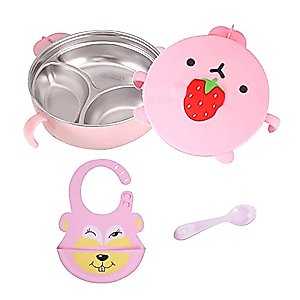 Qianliyer Stainless Steel Toddler Plates Set - Make Mealtime Fun and Warm With Insulated BPA Free Baby Bowl, Lid and Handle,Suction Bowls for Toddlers & Kids with Utensils (Pink)