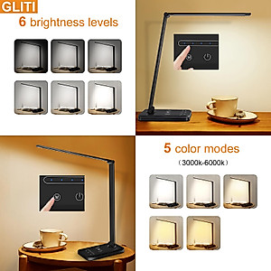 GLITI LED Desk Lamp with Wireless Charging，Dimmable Desk Light, 5 Light Colors, 6 Brightness Levels, Touch Control Table Lamp with USB Rechargeable, Auto Timer, for College Dorm, Home, Office