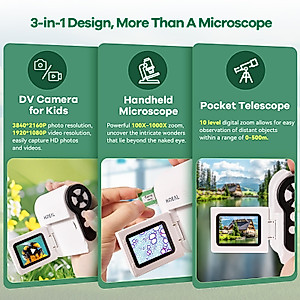 Hideal HP20 Microscope for Kids [3-in-1] [Easy and Fun] 2" IPS Portable Handheld Microscope Miniscope, Pocket Mini Scope Educational Science Kit, Birthday Easter Gifts for Kids, 32GB, White